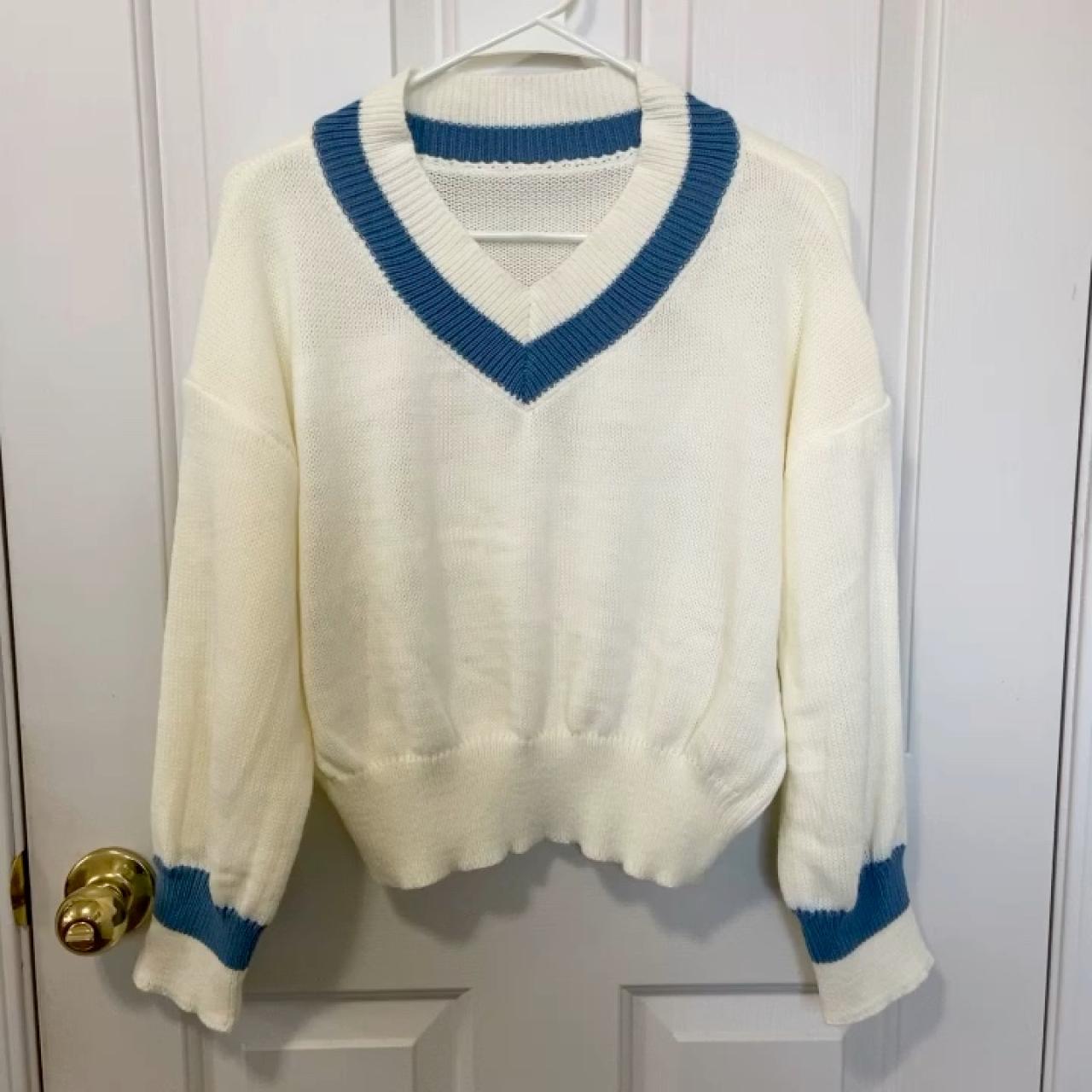 Preppy Cream With Blue Trim Cropped V-Neck Sweater 📘... - Depop