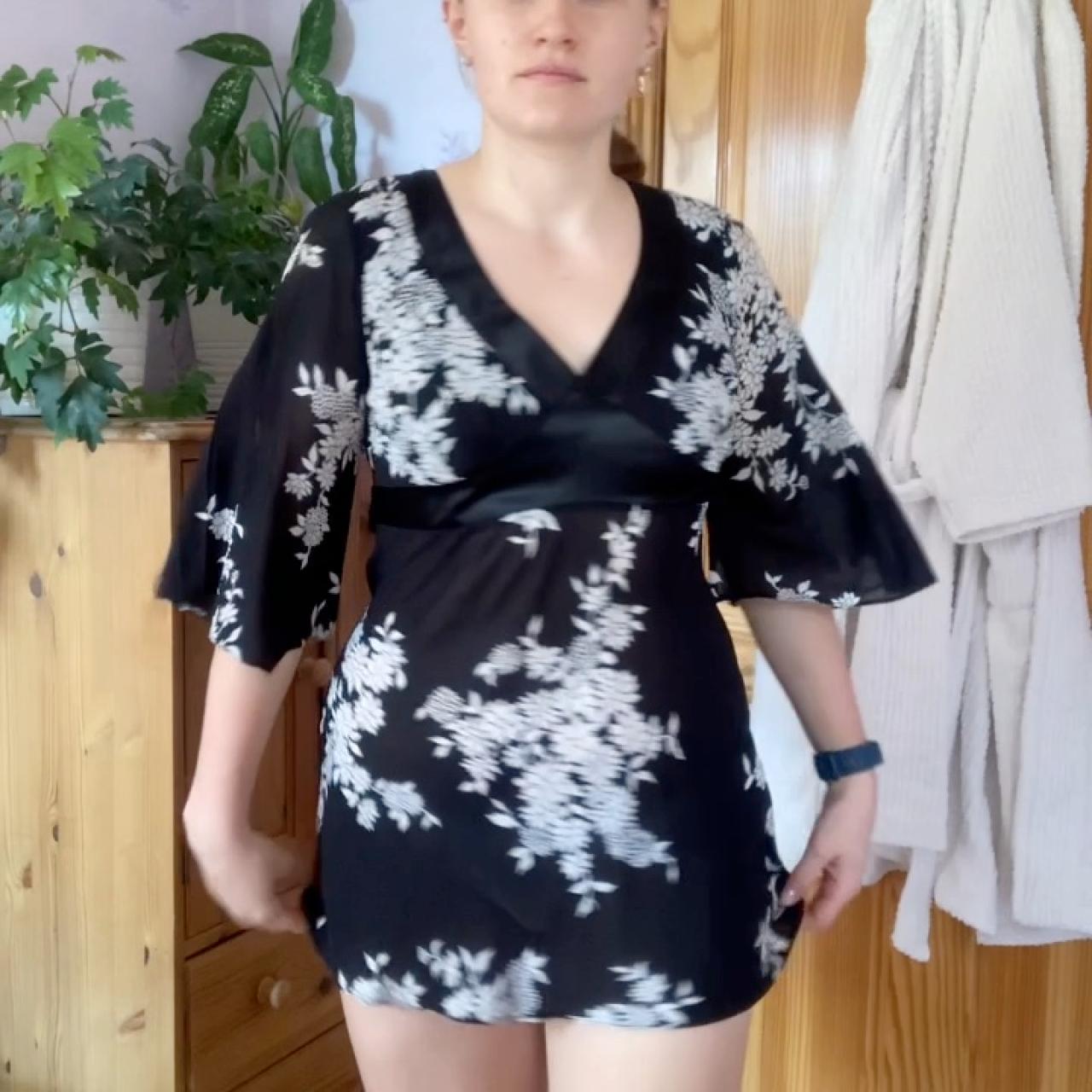 Black and white mesh floral floaty mini dress with... - Depop