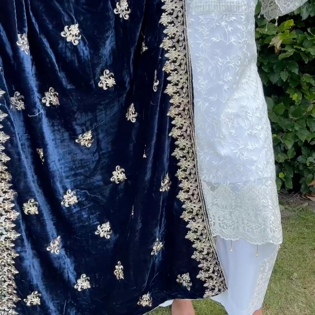 An elegant royal blue velvet shawl with heavy... - Depop